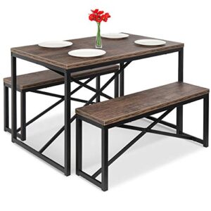 best choice products 45.5in 3-piece bench style dining table furniture set, 4-person space-saving dinette for kitchen, dining room w/ 2 benches, table - brown/black