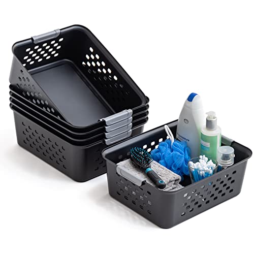 IRIS USA Plastic Storage Basket, 6-Pack, Medium, Shelf Basket Organizer for Pantries, Kitchens, Cabinets, Bedrooms, Black