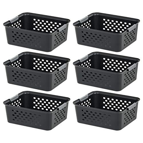 IRIS USA Plastic Storage Basket, 6-Pack, Medium, Shelf Basket Organizer for Pantries, Kitchens, Cabinets, Bedrooms, Black