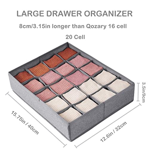 Qozary 2 Pack Socks Underwear Drawer Organizer with Solid Bottom, 30 Cells or 20 Cells Cabinet Closet Storage Boxes Divider for Clothes, Lingerie, Underwear, Ties (Gray, 30 + 20 Cells)