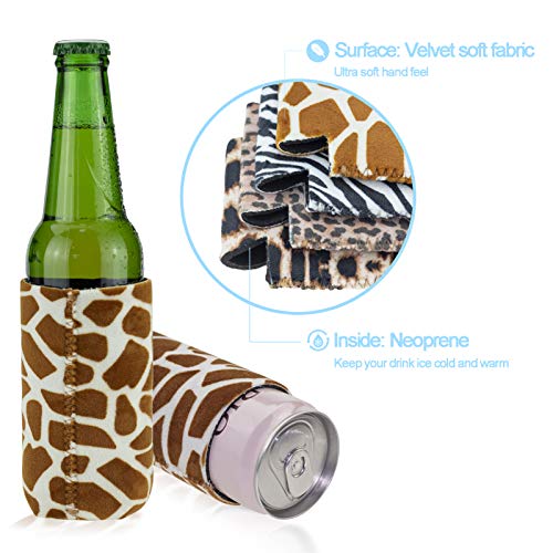 Casa-Eco Soft Velvet Fabric Neoprene Slim Can Cooler, 12oz Beverage Skinny Cans Sleeves for Girls, Wedding, Bachelorette Party, Events, 4 Pack (Leopard-Zebra-Giraffe-Cheetah)