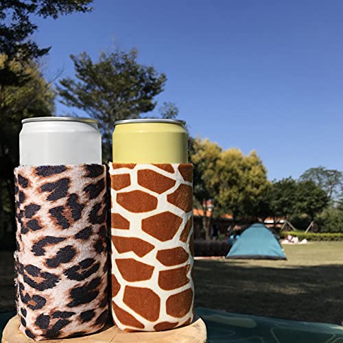 Casa-Eco Soft Velvet Fabric Neoprene Slim Can Cooler, 12oz Beverage Skinny Cans Sleeves for Girls, Wedding, Bachelorette Party, Events, 4 Pack (Leopard-Zebra-Giraffe-Cheetah)