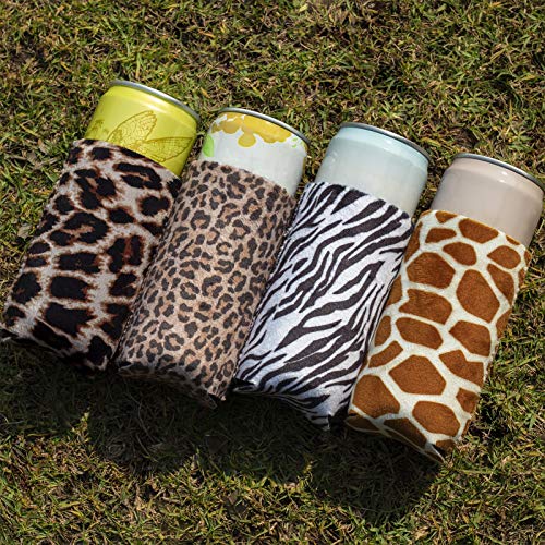 Casa-Eco Soft Velvet Fabric Neoprene Slim Can Cooler, 12oz Beverage Skinny Cans Sleeves for Girls, Wedding, Bachelorette Party, Events, 4 Pack (Leopard-Zebra-Giraffe-Cheetah)