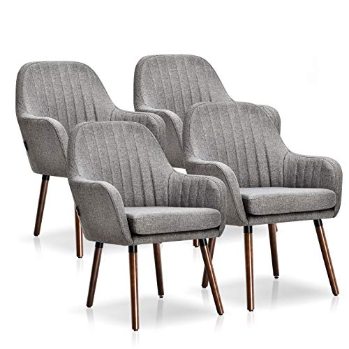 Giantex Set of 4 Fabric Dining Chairs, Accent Upholstered Arm Chair w/Wood Legs, Thick Sponge Seat, Non-Slipping Pads, Modern Leisure Chair for Dining Room, Living Room, Bedroom (4, Grey)