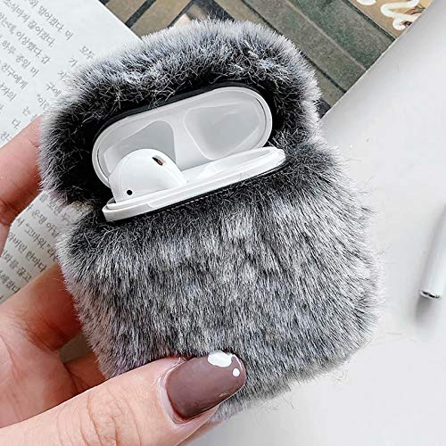 Case for Airpods 1 Case Airpods 2 Fluffy Case Faux Rabbit Fur Cover Plush Furry Fashion Cute PC Protective Case Shockproof Cover for Airpods 1st & 2nd Gen with Carabiner,Grey