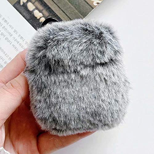 Case for Airpods 1 Case Airpods 2 Fluffy Case Faux Rabbit Fur Cover Plush Furry Fashion Cute PC Protective Case Shockproof Cover for Airpods 1st & 2nd Gen with Carabiner,Grey