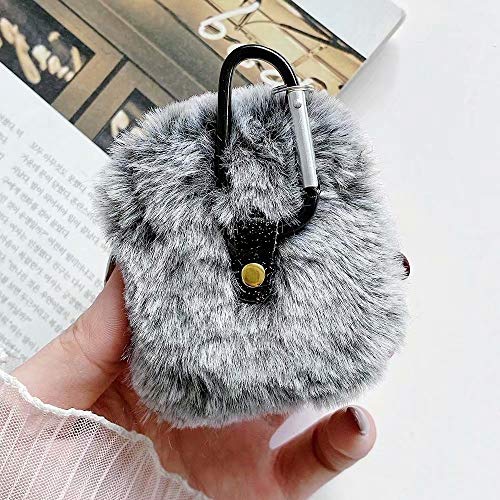 Case for Airpods 1 Case Airpods 2 Fluffy Case Faux Rabbit Fur Cover Plush Furry Fashion Cute PC Protective Case Shockproof Cover for Airpods 1st & 2nd Gen with Carabiner,Grey