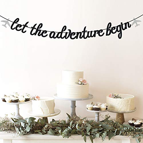 Black Glitter Let The Adventure Begin Banner - Congrats Grad Bunting Sign - Graduation/Retirement/Bon Voyage/Baby Shower/Moving Party/Travel Theme Party Decorations