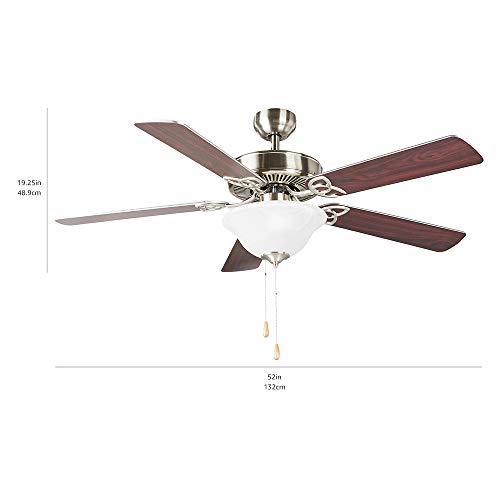 Amazon Basics 52-Inch Ceiling Fan - Includes LED Light Kit with Two Medium Base LED Light Bulbs - Five Reversible Blades, Brushed Nickel Finish