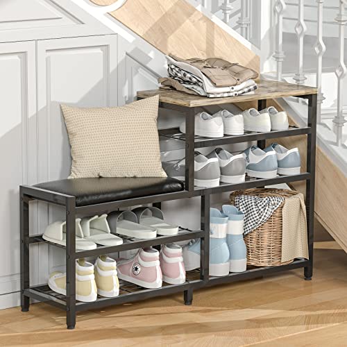 X-cosrack Shoe Rack Bench 5-Tier Shoe Storage with Seat Industrial Entryway Bench Metal Storage Shelves Organizer Entry Bench Shoe Stand for Entryway Hall Brown Black