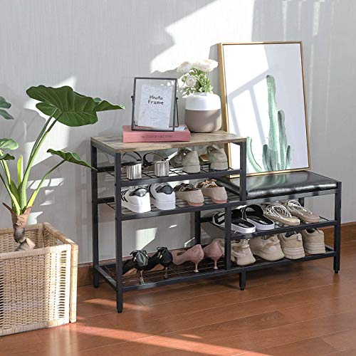 X-cosrack Shoe Rack Bench 5-Tier Shoe Storage with Seat Industrial Entryway Bench Metal Storage Shelves Organizer Entry Bench Shoe Stand for Entryway Hall Brown Black