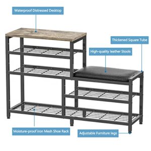 X-cosrack Shoe Rack Bench 5-Tier Shoe Storage with Seat Industrial Entryway Bench Metal Storage Shelves Organizer Entry Bench Shoe Stand for Entryway Hall Brown Black