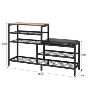 X-cosrack Shoe Rack Bench 5-Tier Shoe Storage with Seat Industrial Entryway Bench Metal Storage Shelves Organizer Entry Bench Shoe Stand for Entryway Hall Brown Black