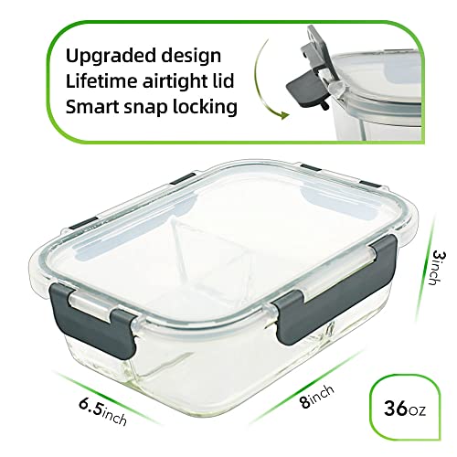 5 Pack 36oz Bento Box Meal Prep Glass Containers 3 Compartments with Lids Glass Food Storage Containers Glass Lunch Containers Glass Food Prep Containers with Lids Lunch Box Snack Container for Oven