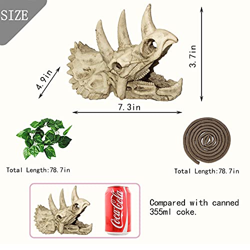 Tfwadmx Bearded Dragon Tank Accessories Resin Dinosaur Triceratops Skull Skeleton Reptiles Hideouts Cave Vines Leaves Aquarium Decorations for Lizards,Chameleon,Snake,Spider,Gecko