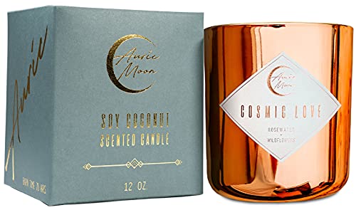 Auric Moon | Rosewater + Wildflowers Scented Luxury Soy Coconut Candle for Women | Slow 70+ Hour Burn | Wood Crackling Wicks | 12 Oz Premium Glass | Hand-Poured in California