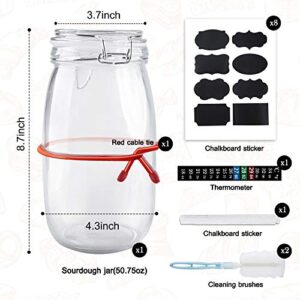 Sourdough Starter Jar Kit, 50 Oz DIY Sourdough Starter Jar with Thermometer, Chalkboard Marker, Sticker, Cable Tie, Brushes - Reusable Sourdough Jar Kit, Use for Home Bakery & Dry Food Storage