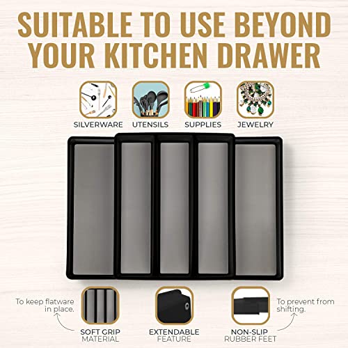 ELTOW Expandable Utensil Drawer Organizer, 5 Compartment Non-Slip & Adjustable Utensil Tray for Kitchen Drawers, Kitchen Organization for Utensils, Office Supplies, Flatware Storage - Black