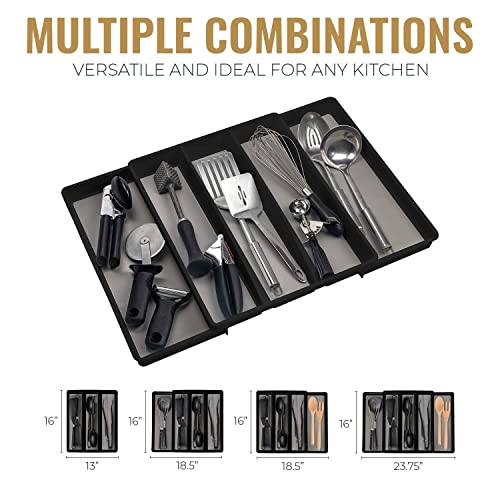 ELTOW Expandable Utensil Drawer Organizer, 5 Compartment Non-Slip & Adjustable Utensil Tray for Kitchen Drawers, Kitchen Organization for Utensils, Office Supplies, Flatware Storage - Black