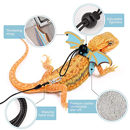 Bearded Dragon Leash and Harness Adjustable Leather Wings Costume Clothes from Baby to Juvenile Lizard Iguana Gecko Chameleon Hamster Ferret Reptile Walking Carrier Accessoreis S M L 3 Pack (Sky Blue)