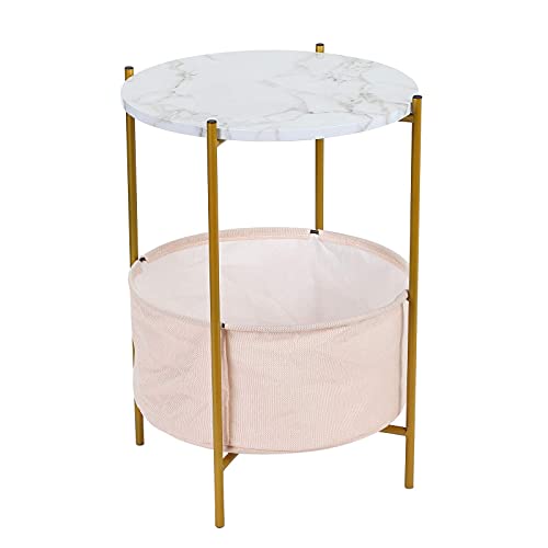 KSWIN Round Storage Side Table, 2-Tier End Table with Fabric Basket Gold Metal Frame, 16'' Faux Marble Top Nightstand Bedside Tables for Nursery Kids Living Room Bedroom, White