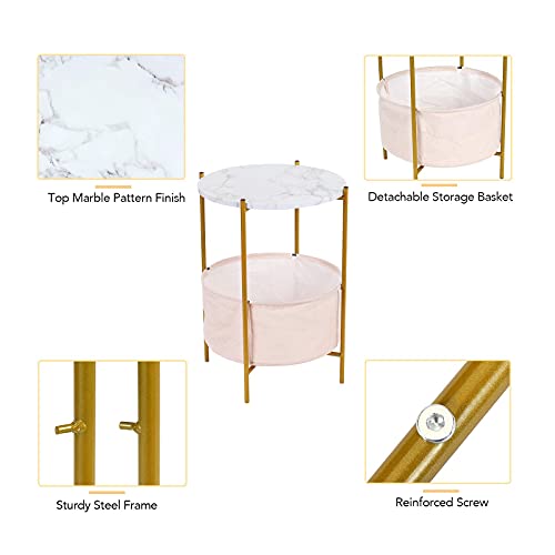 KSWIN Round Storage Side Table, 2-Tier End Table with Fabric Basket Gold Metal Frame, 16'' Faux Marble Top Nightstand Bedside Tables for Nursery Kids Living Room Bedroom, White