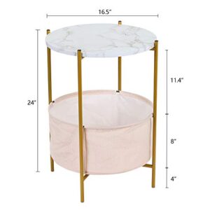 KSWIN Round Storage Side Table, 2-Tier End Table with Fabric Basket Gold Metal Frame, 16'' Faux Marble Top Nightstand Bedside Tables for Nursery Kids Living Room Bedroom, White