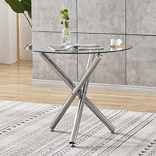 QIHANG-US Round Dining Table for 2-6 People Tempered Glass Dining Room Table with Chrome Finishing Legs, 35" Kitchen Table for Dining Guest Reception, Home Kitchen Furniture