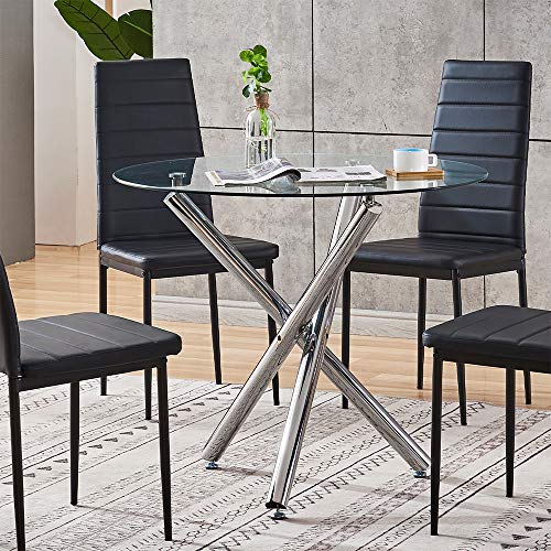 QIHANG-US Round Dining Table for 2-6 People Tempered Glass Dining Room Table with Chrome Finishing Legs, 35" Kitchen Table for Dining Guest Reception, Home Kitchen Furniture