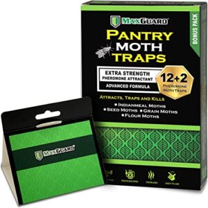 maxguard pantry moth traps (12 pack +2 free) with extra strength pheromones | non-toxic sticky glue trap for food and cupboard moths in your kitchen | trap and kill seed grain flour meal moths |