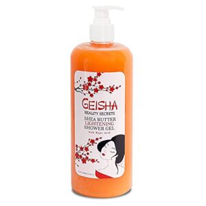 geisha, kojic acid skin brightening body wash - 33 fl oz / 1000 ml - even out skin tone, reduce dark spots, skin radiance, face and body shower gel, with coconut oil and shea butter