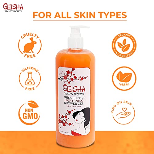 Geisha, Kojic Acid Skin Brightening Body Wash - 33 Fl oz / 1000 ml - Even Out Skin Tone, Reduce Dark Spots, Skin Radiance, Face and Body Shower Gel, with Coconut Oil and Shea Butter