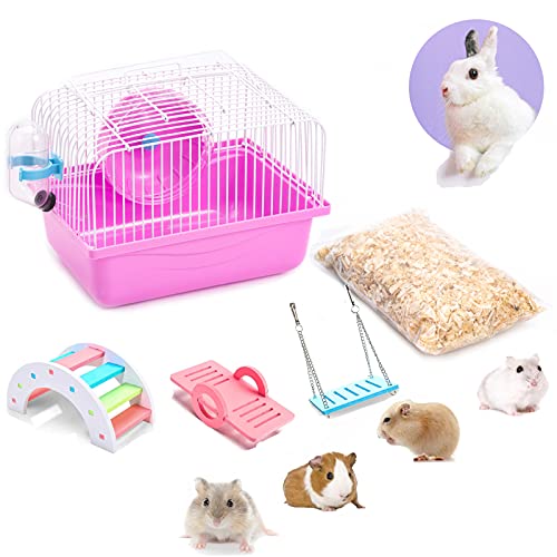 PStarDMoon Portable Hamster Cage with Running Exercise Wheels, Water Bottle, with Rainbow Hamster Toys and Sawdust, for African Miniature Rabbit Chinchilla Squirrel and Other Small Animals (Pink)