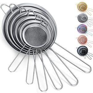 kyraton fine mesh strainer 6 pieces set, flour sifter for baking, stainless steel clander, matcha tea strainer, gravy separator, stasher sieve pasta strainers