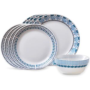 corelle everyday expressions 12-pc dinnerware set, service for 4, durable and eco-friendly, higher rim glass plate & bowl set, microwave and dishwasher safe, azure medallion