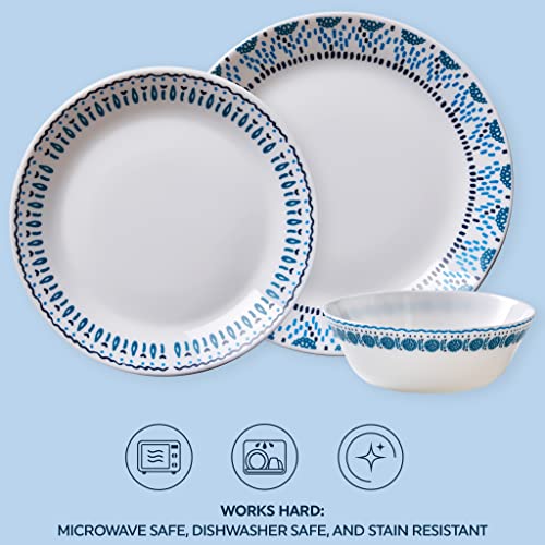 Corelle Everyday Expressions 12-Pc Dinnerware Set, Service for 4, Durable and Eco-Friendly, Higher Rim Glass Plate & Bowl Set, Microwave and Dishwasher Safe, Azure Medallion