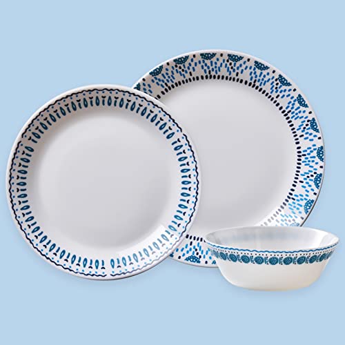 Corelle Everyday Expressions 12-Pc Dinnerware Set, Service for 4, Durable and Eco-Friendly, Higher Rim Glass Plate & Bowl Set, Microwave and Dishwasher Safe, Azure Medallion