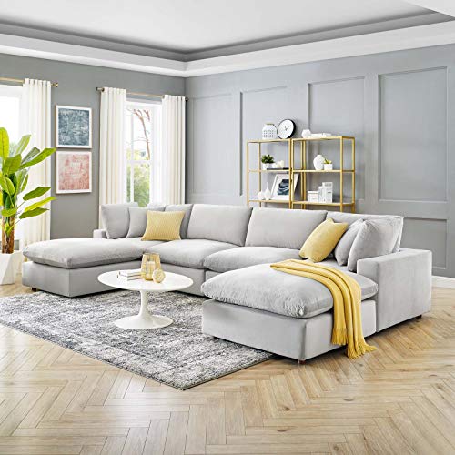 Modway Commix Down Filled Overstuffed Performance Velvet 6-Piece Sectional Sofa in Light Gray