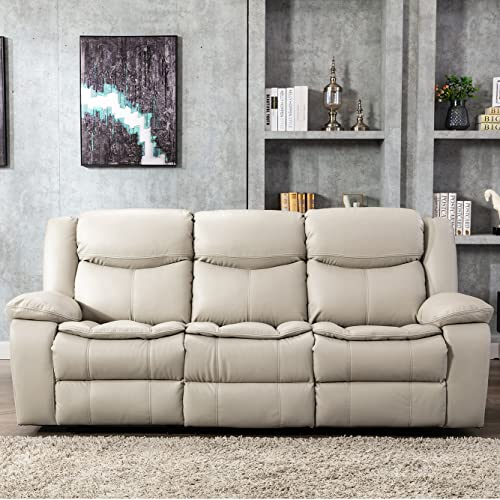 Familymill Breathable Leather Manual Reclining 3-Seat Sofa, Cream