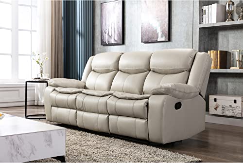 Familymill Breathable Leather Manual Reclining 3-Seat Sofa, Cream