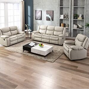 Familymill Breathable Leather Manual Reclining 3-Seat Sofa, Cream