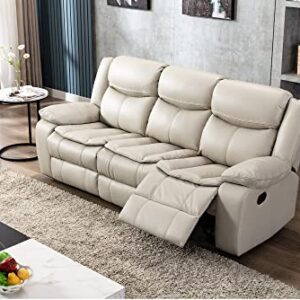 Familymill Breathable Leather Manual Reclining 3-Seat Sofa, Cream