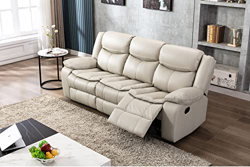 Familymill Breathable Leather Manual Reclining 3-Seat Sofa, Cream