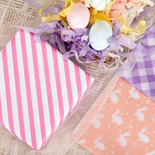 Whaline Easter Tissue Paper 90 Sheet Colorful Gift Wrapping Paper Sheet Pastel Rabbit Bunny Flower Plaid Wrapping Paper Spring Holiday Art Tissue for Easter DIY Gift Packing, 13.8 x 19.7 Inch