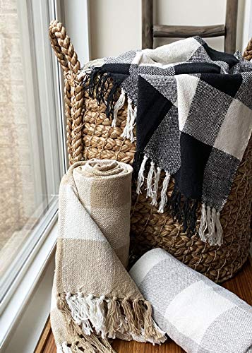 Elrene Home Fashions Farmhouse Living Buffalo Check Cozy Fringe Blanket Throw for Couch/Sofa/Bed/Everyday, Single (50 in x 60 in), Black