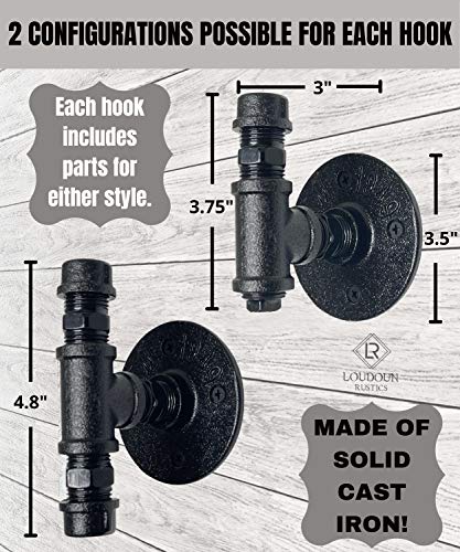 Loudoun Rustics Industrial Hooks for Bathroom Robe. Wall Hooks for Hanging Towels, Vintage Style Cast Iron Pipe Wall Mounted Heavy Duty Farmhouse DIY Coat Rustic Hook (Black (Set of 4))