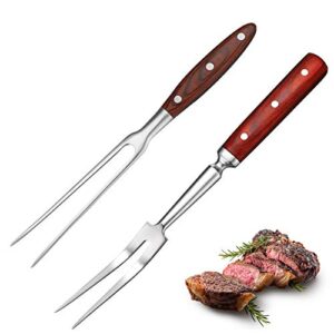 2 pieces forged carving forks with color wooden handle and stainless steel meat fork barbecue fork for kitchen roast (12 inch, 14 inch)