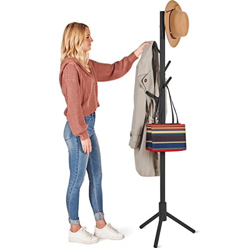 ZOBER Coat Rack Freestanding - Wooden 6 Hanger Clothing Rack with Modern Hooks for Bag, Hat, Jacket, Purse, Umbrella - Standing Hat Rack Coat Hanger for Entryway - Black