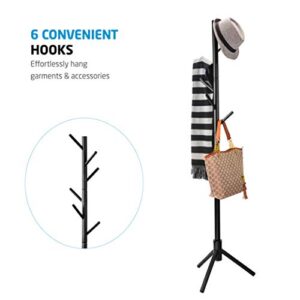 ZOBER Coat Rack Freestanding - Wooden 6 Hanger Clothing Rack with Modern Hooks for Bag, Hat, Jacket, Purse, Umbrella - Standing Hat Rack Coat Hanger for Entryway - Black