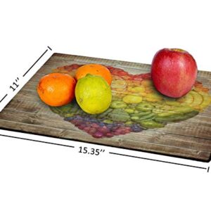 Tempered Glass Cutting Board Rainbow heart of fruits and vegetables Tableware Kitchen Decorative Cutting Board with Non-slip Legs, Serving Board, Large Size, 15" x 11"